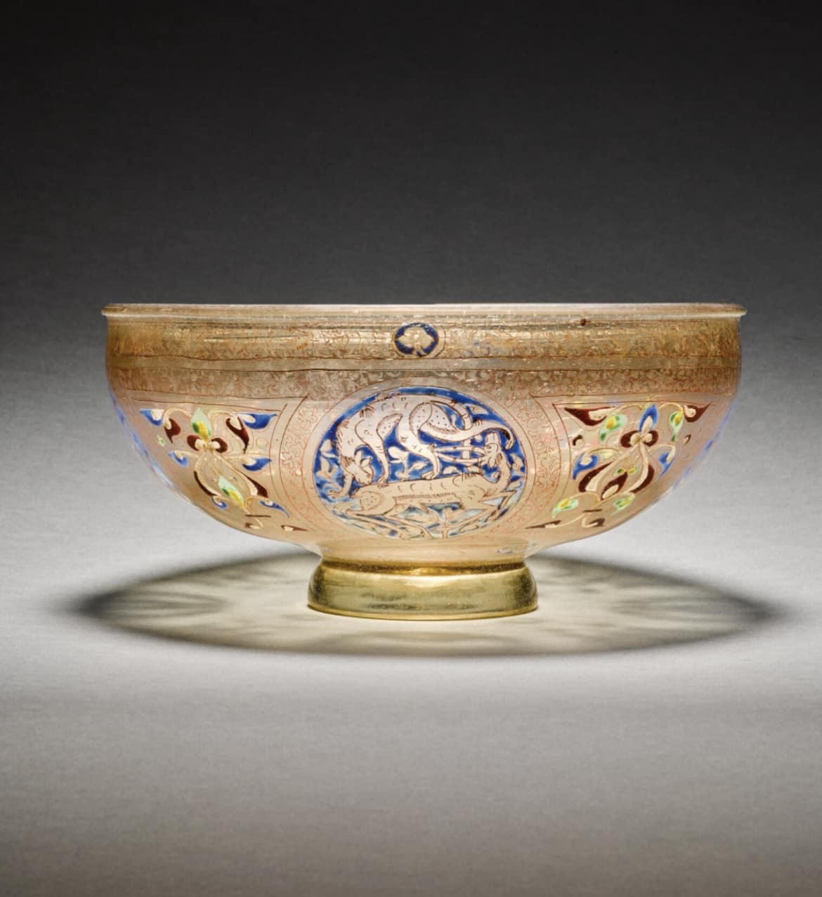 Large Mamluk gilded and enamelled footed glass bowl, Egypt or Syria ...